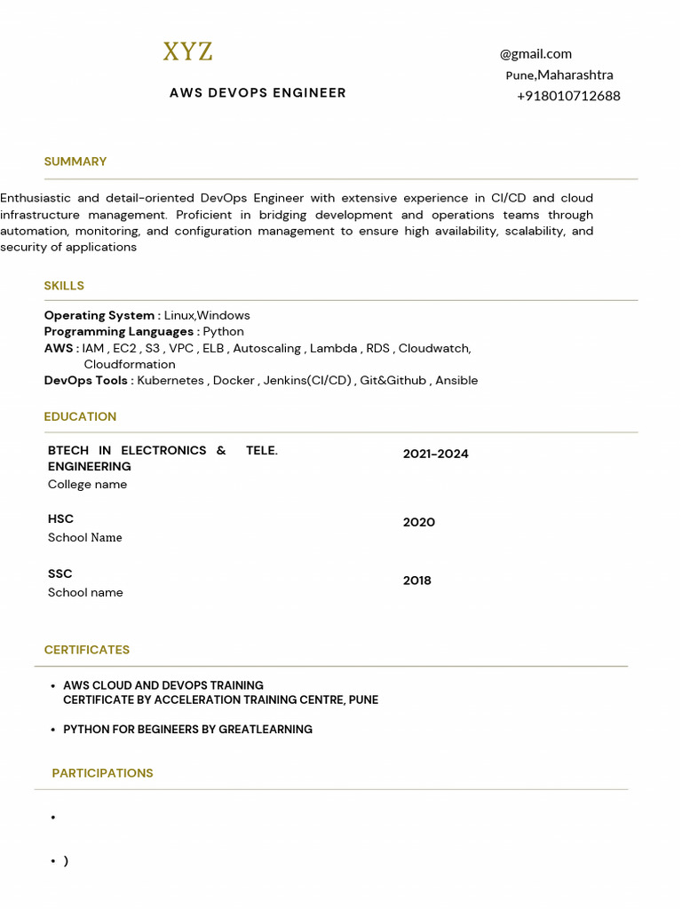 AWs + Devops Intern Resume Format | PDF | Amazon Web Services | System ...