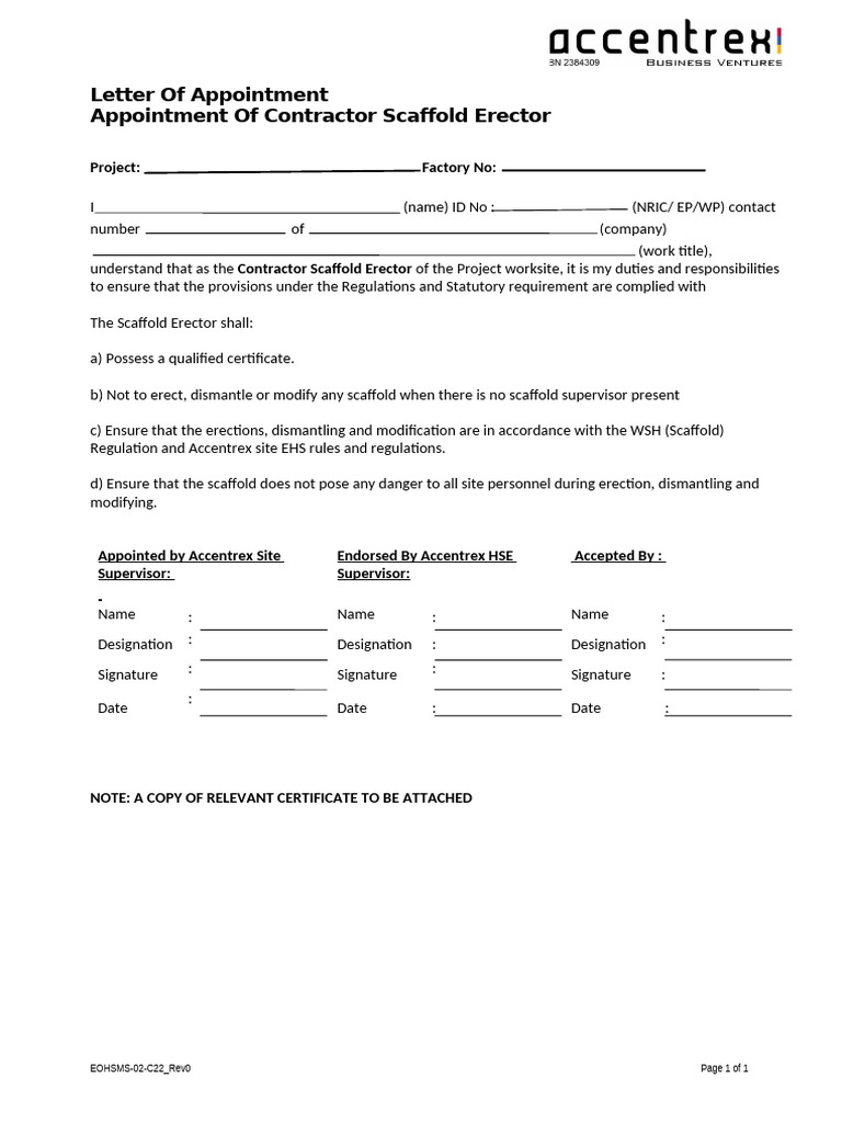 Scaffolding Contractor Letter of Appointment | PDF