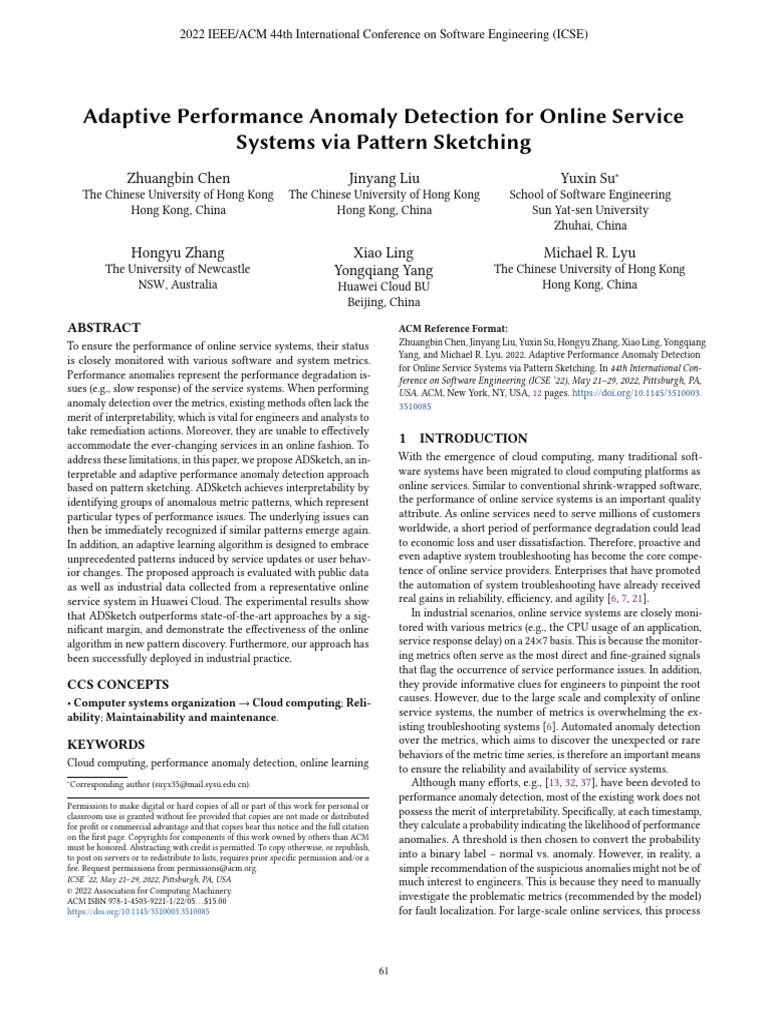 Adaptive Performance Anomaly Detection For Online Service Systems Via Pattern Sketching Pdf