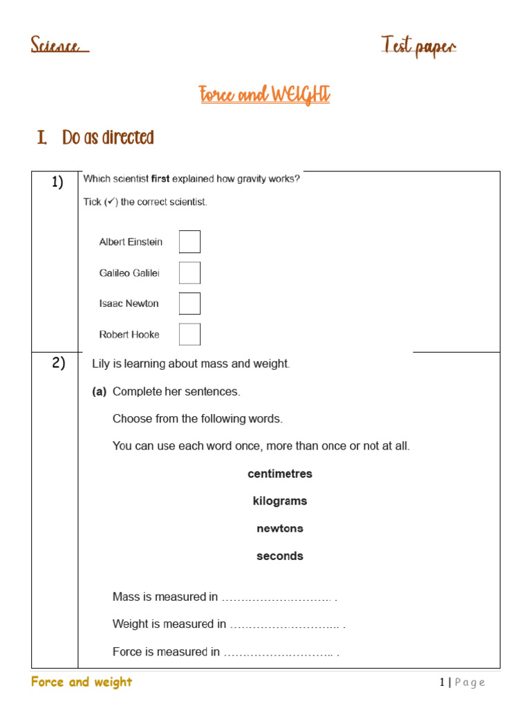 Force and Weight Grade 6 | PDF | Weight | Force