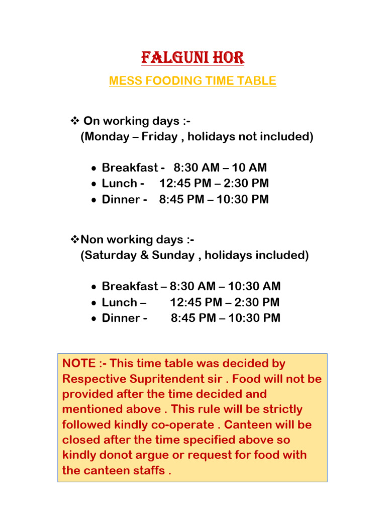 Canteen Food Time Table | PDF | Wellness | Lifestyle