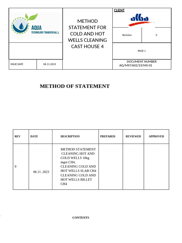 ALBA METHOD OF STATEMENT ( COLD AND HOT WELLS TANK CLEANING) | PDF ...
