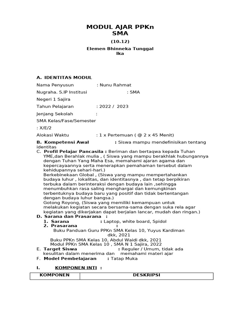 Modul Ajar PKN Kelas 10 | PDF