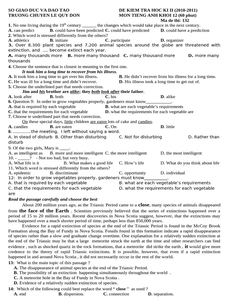 English Exam Questions for Grade 12 | PDF | Rhinoceros | Extinction