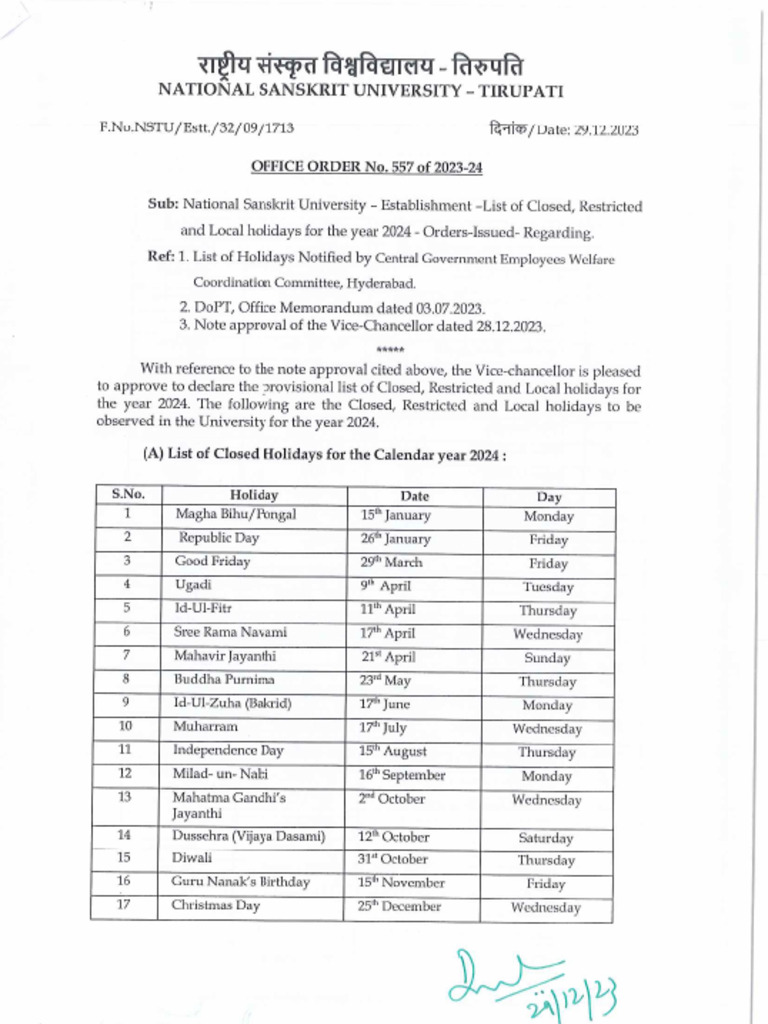 Holiday List 2024 | PDF