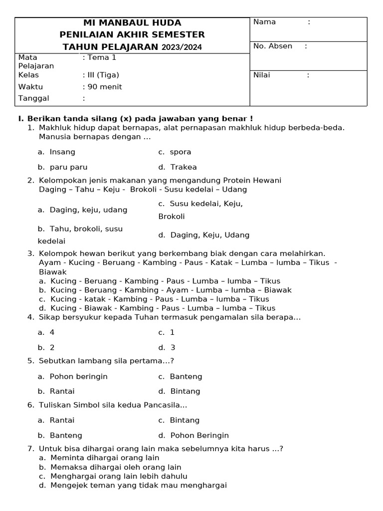 Soal Pas Kelas 3 Tema 1 | PDF | Sains & Matematika