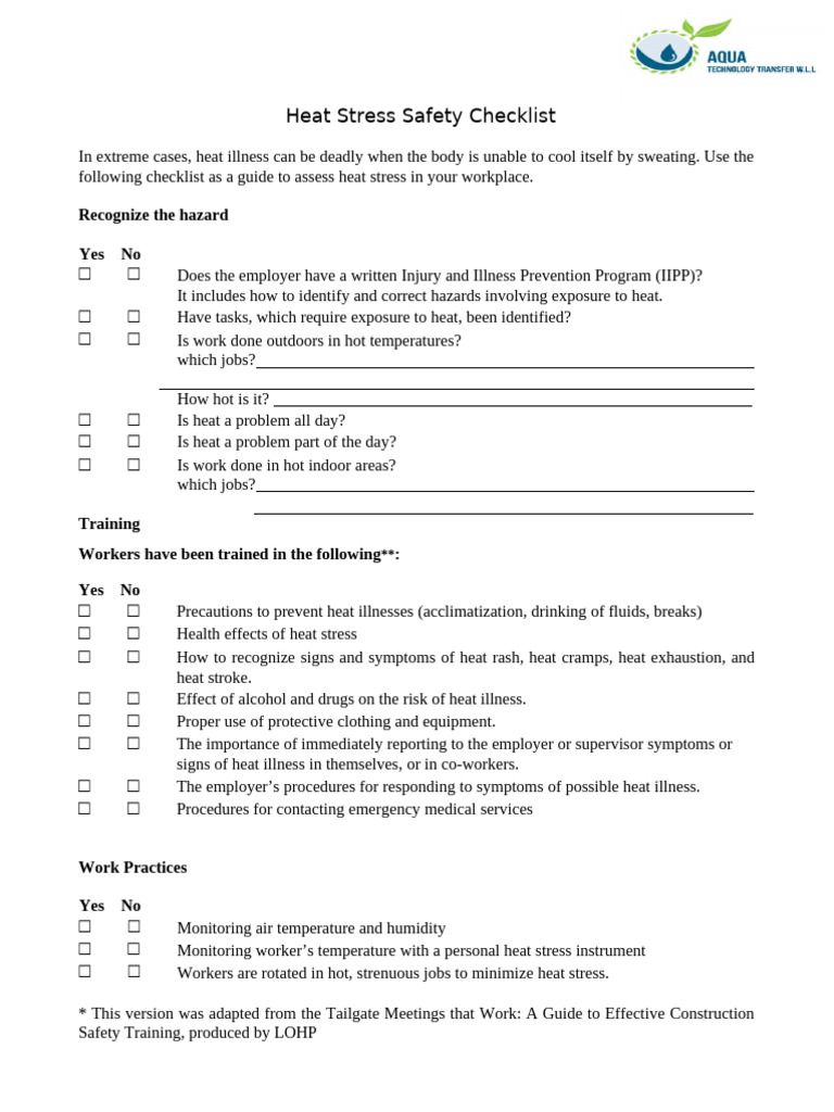 Heat Stress Checklist | PDF | Hyperthermia | Occupational Safety And Health