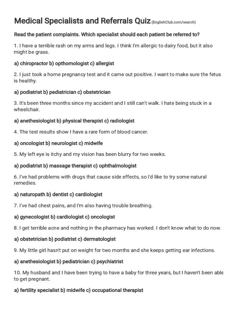 Medical Specialists and Referrals Quiz - English For Work - EnglishClub ...
