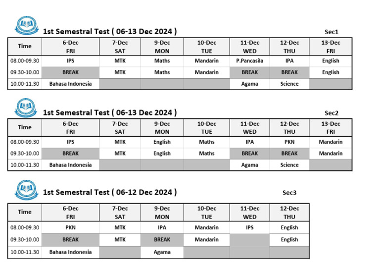 Jadwal Semestral 1 Sec1-3 | PDF