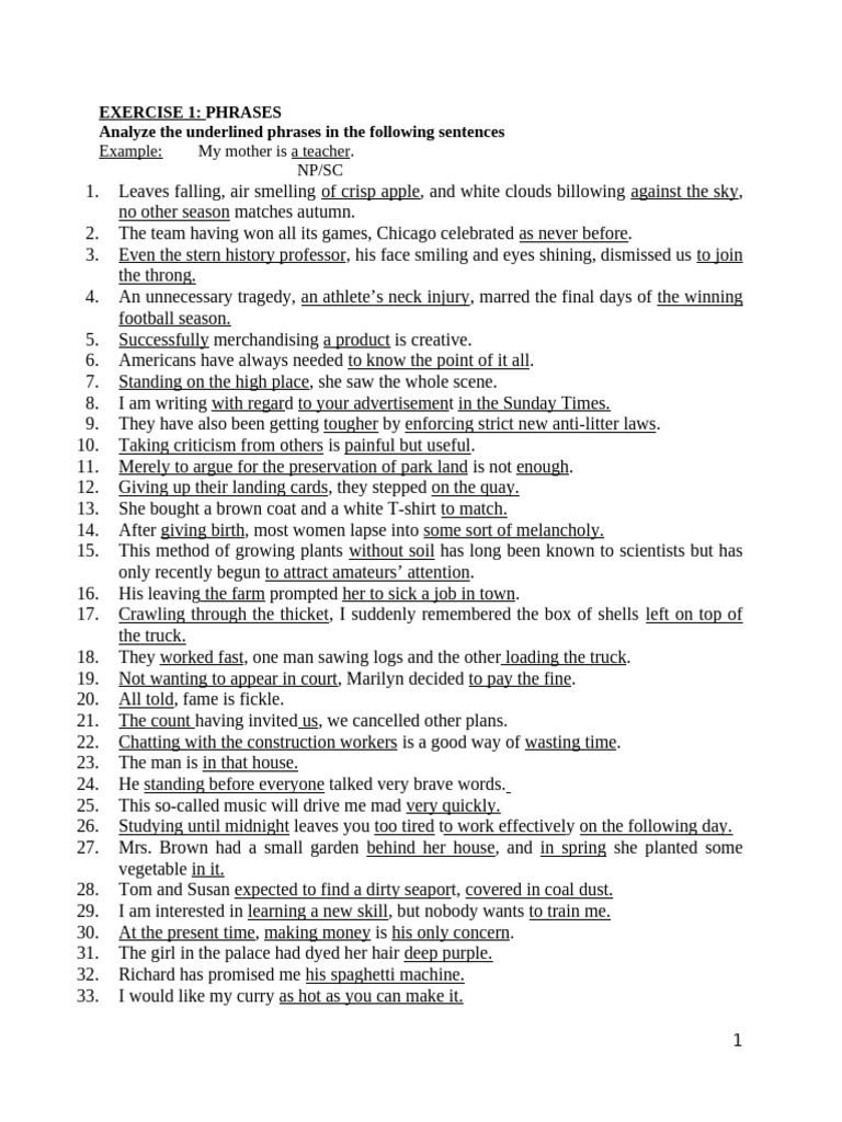 Exercises On Syntax (Phrases, Clauses, Sentences, Functional and ...