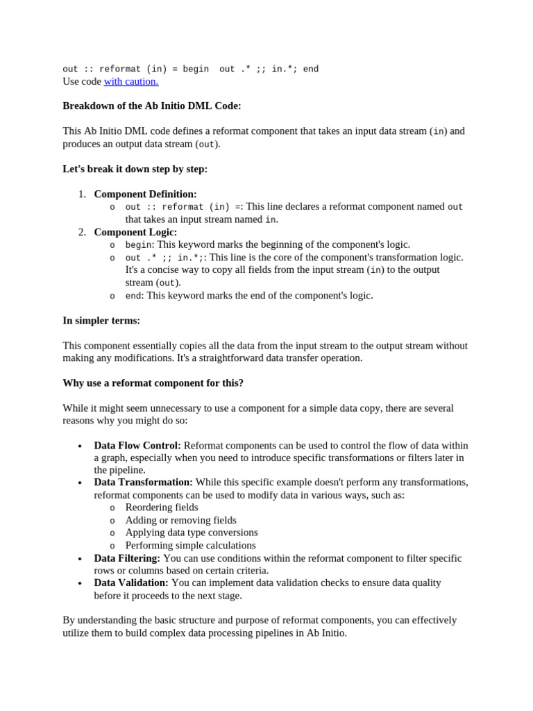 Ab Initio DML Reformat Component Guide | PDF