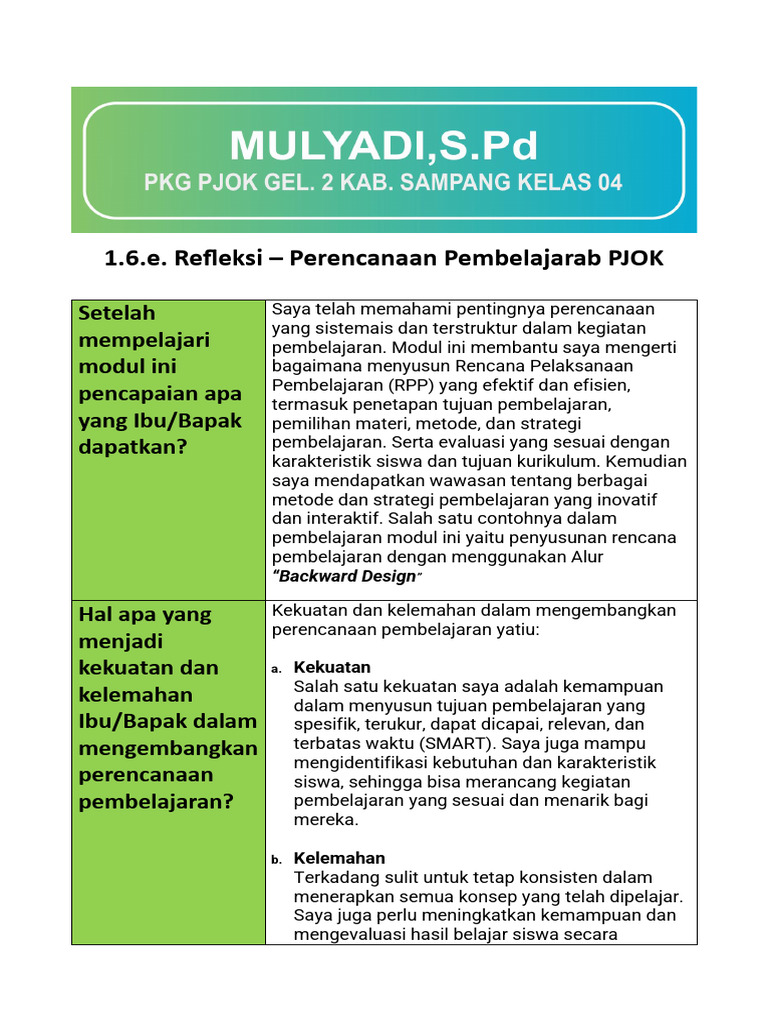 Refleksi Perencanaan Pembelajaran PJOK | PDF | Karier & Perkembangan | Seni