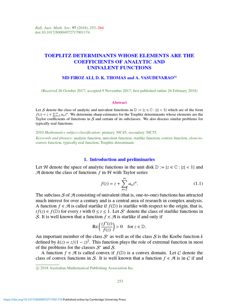 Toeplitz Determinants Whose Elements Are The Coefficients of Analytic and Univalent Functions ...