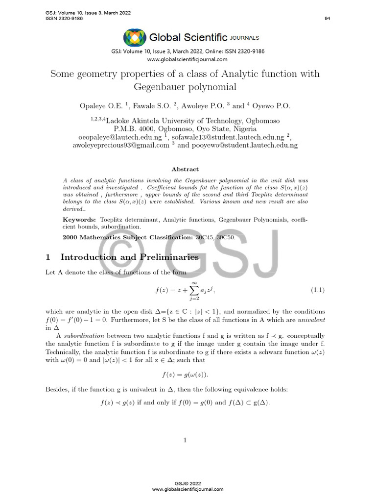 Some Geometry Properties Of A Class Of Analytic Function With Gegenbauer Polynomial 1 Pdf