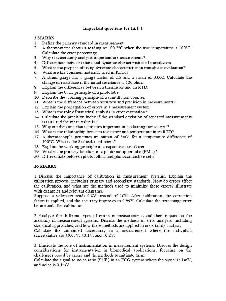 Important Questions For IAT | PDF | Metrology | Electrical Engineering