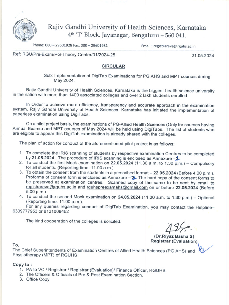 Circular Implementation of Digi Tab in Theory Examinations For PG AHS ...
