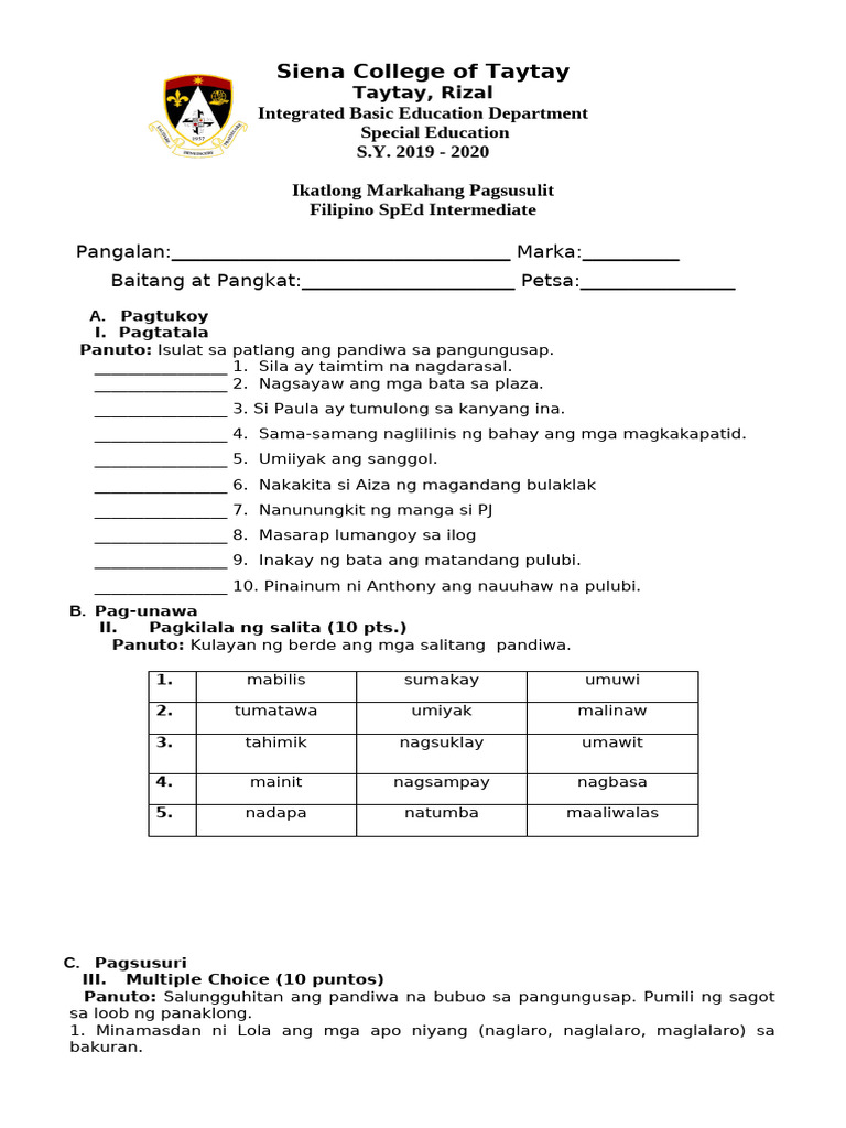 FIL In. 3rd Qtr. Exam | PDF