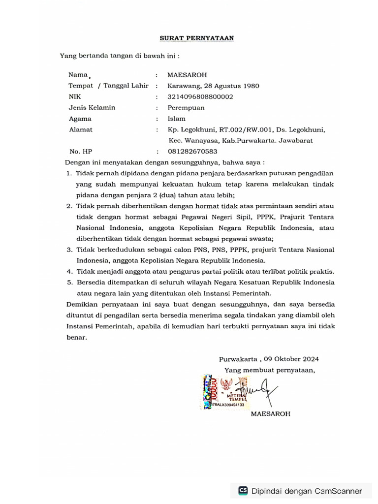 Surat Pernyataan Maesaroh | PDF