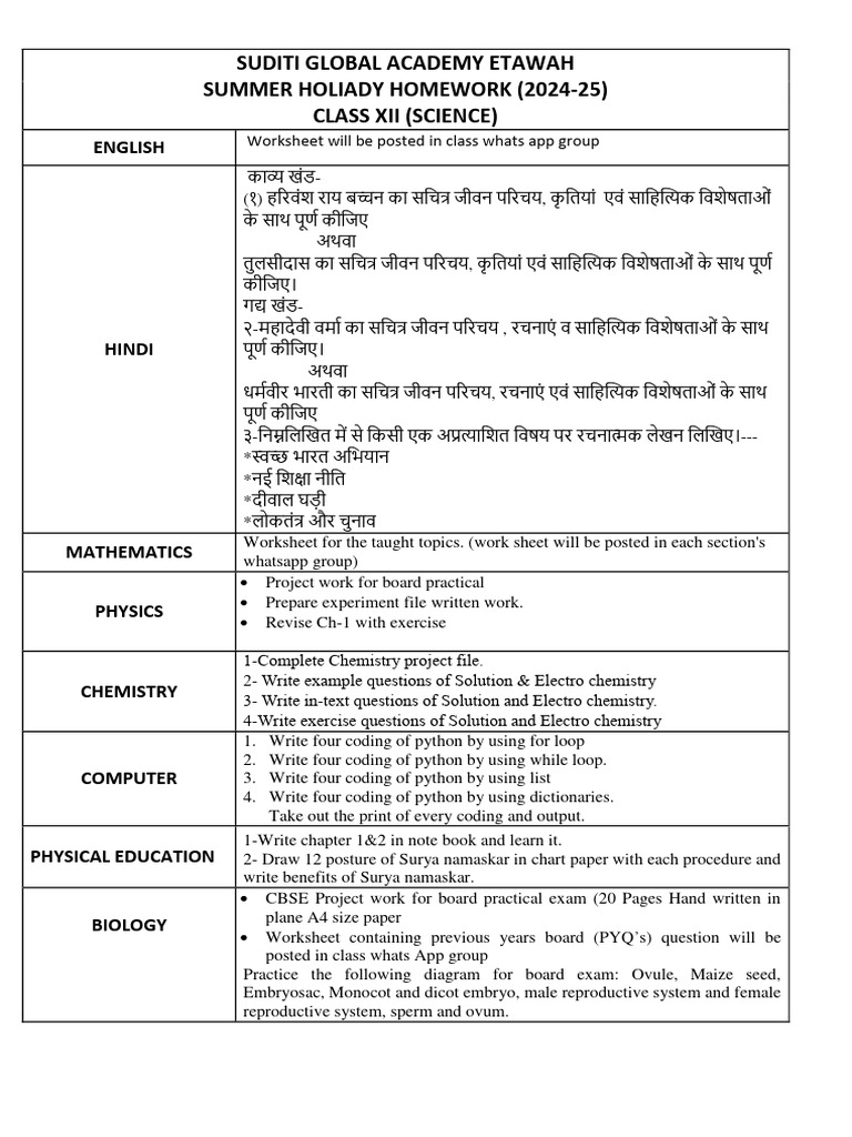 Summer Holiday Work (12TH Science) | PDF | Reproduction