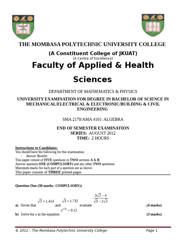 Sma 2170 Ama 4101 Algebra | PDF | Equations | Quadratic Equation