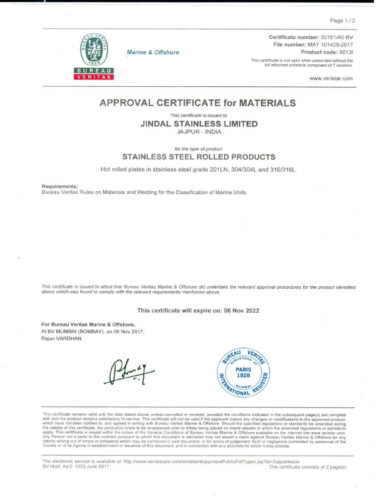 BV Materials Approval Certificate | PDF