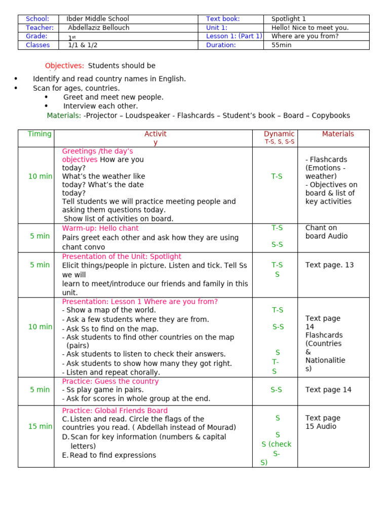 1st Grade Spotlight 1 Lesson Plans | PDF | Human Communication