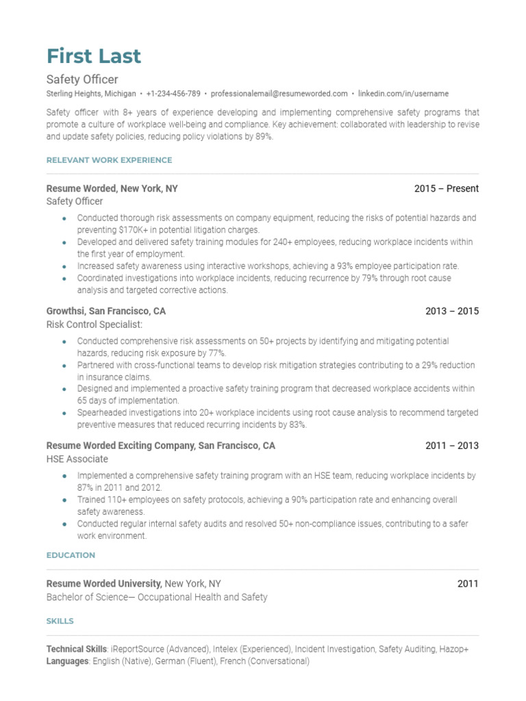 Experienced Safety Officer Resume | PDF | Occupational Safety And ...