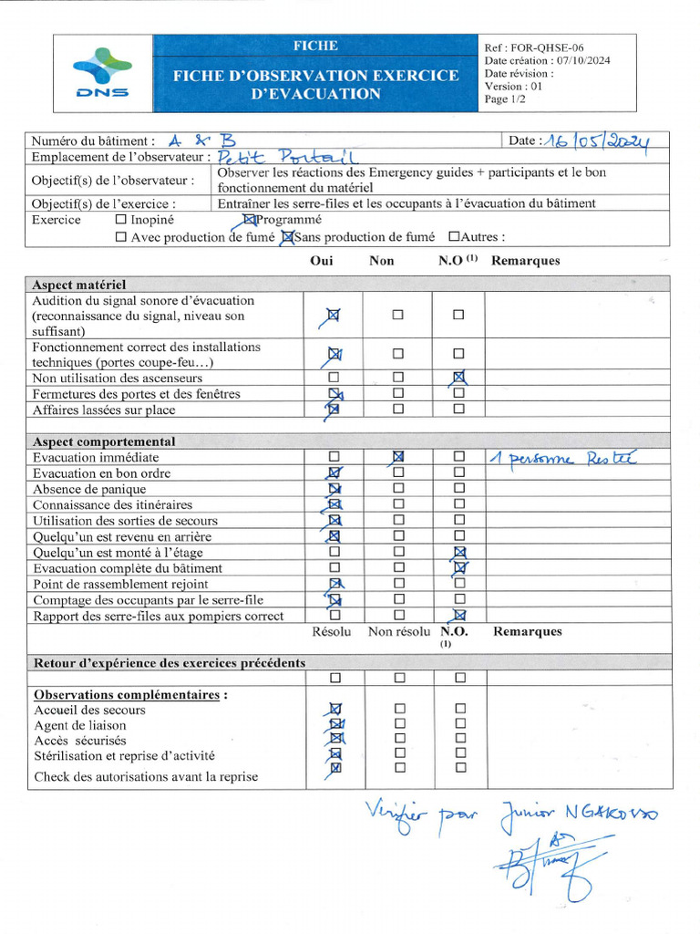 Fiche D'observation Exercice D'evacuation | PDF