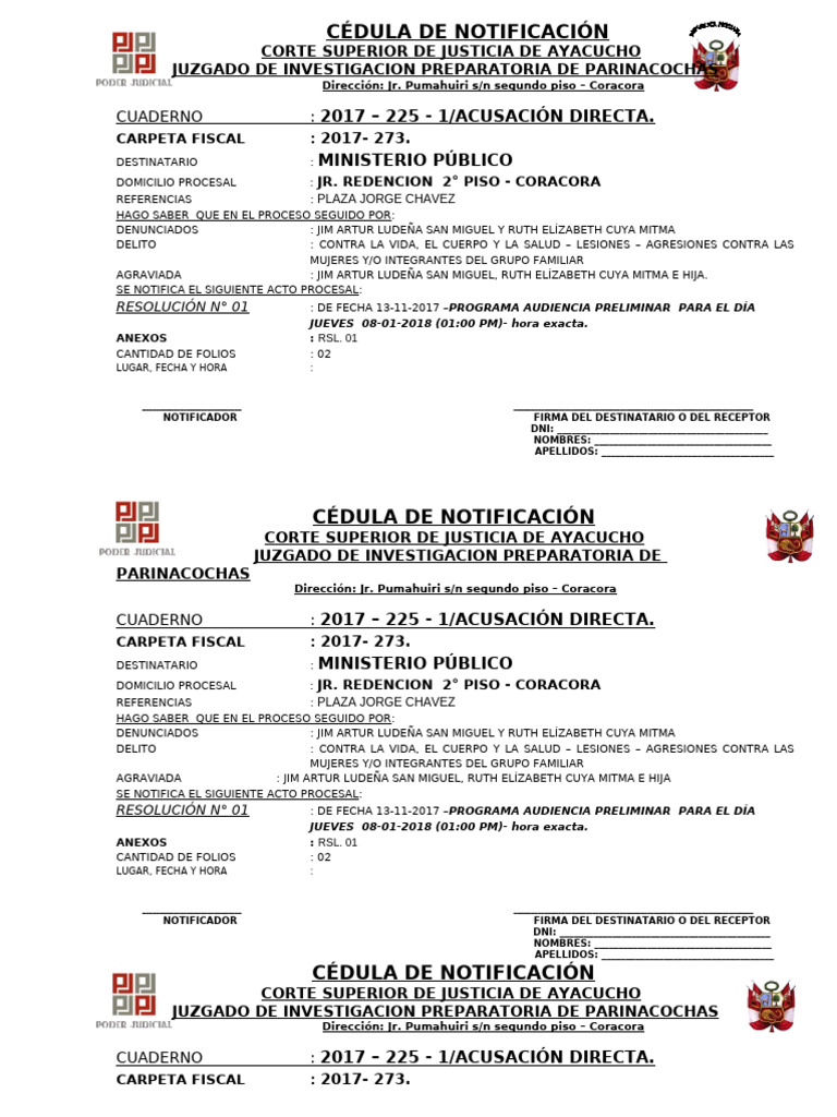 Cédula de Notificació 2017 - 225 - 1 | PDF | Perú