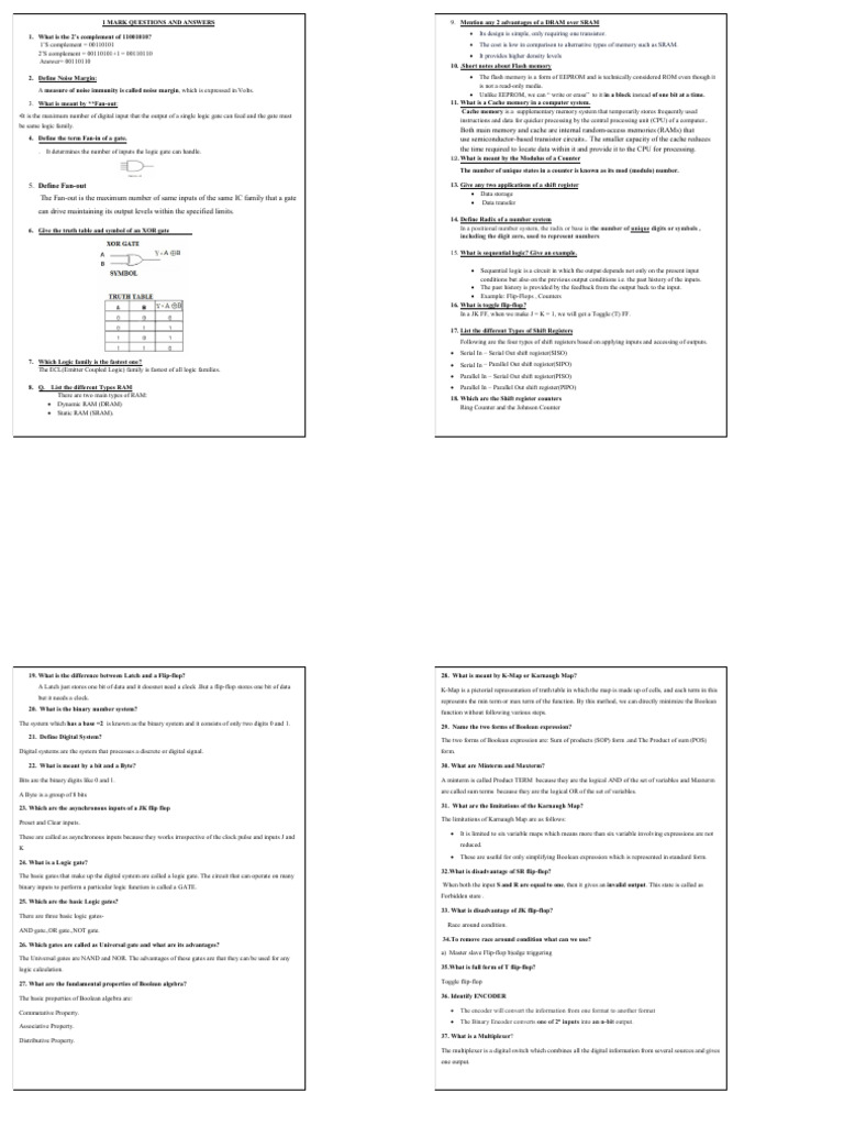 1 Mark Qstns and Answrs-DIGITAL | PDF | Computer Memory | Logic Gate