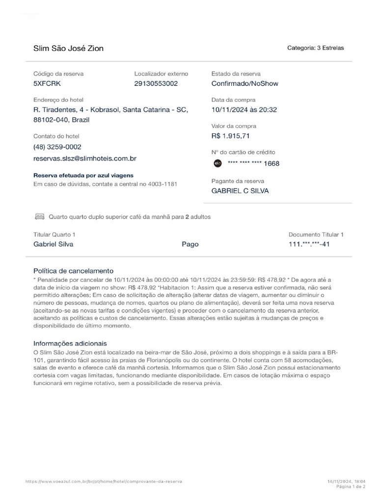 Comprovante Reserva Azul | PDF