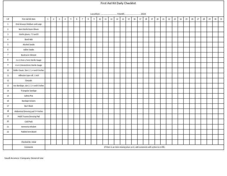 First Aid Kit Daily Checklist Excel | PDF