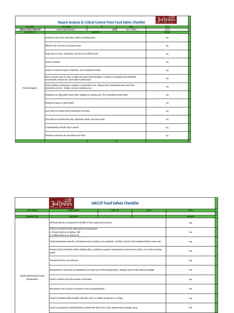 Hazard Analysis and Critical Control Point HACCP Food Safety Checklist ...