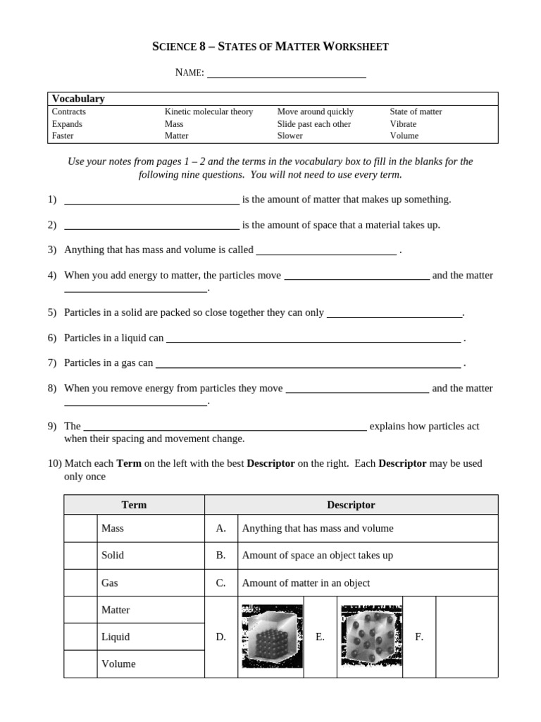 States of Matter Worksheet | PDF | Gases | Matter