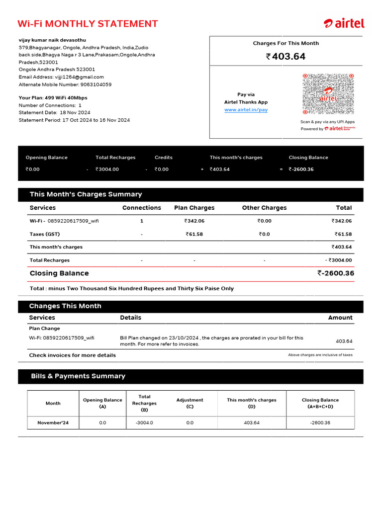 November 2024 Wi-Fi Bill Statement | PDF | Payments | Service Industries