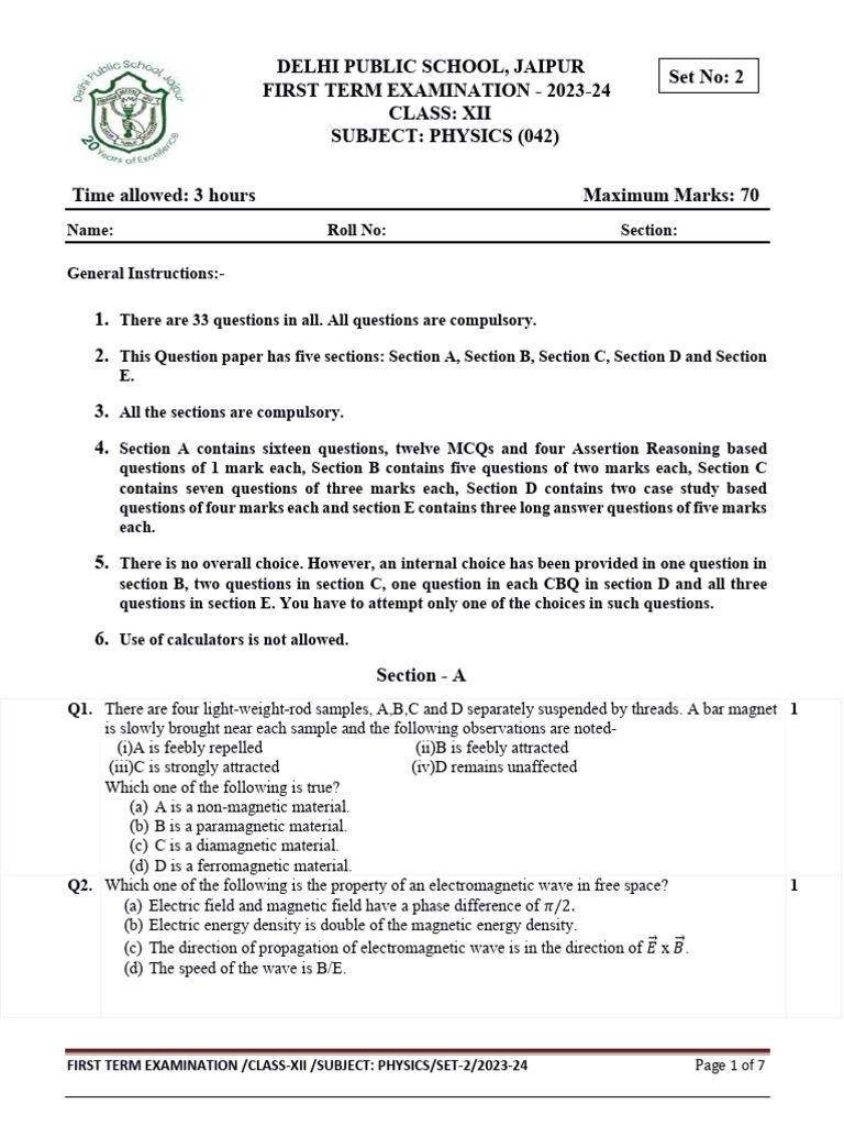 Phy First Term QP Class XII Set-2 2023-24 | PDF | Inductor | Magnetic Field
