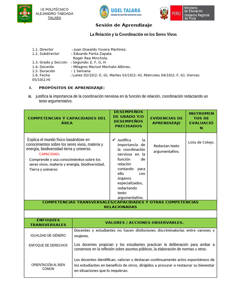 Sesion de Sgundo Relacion y Coordinacion en Los Seres Vivos 01-10 | PDF | Maestros | Evaluación