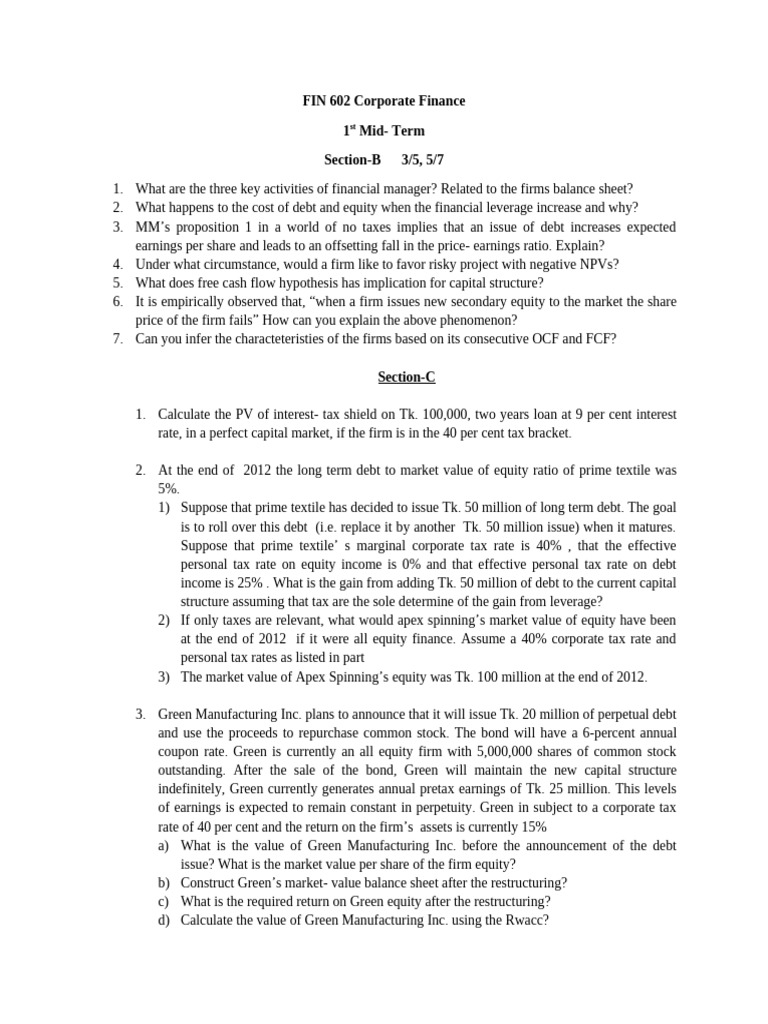FIN 602 Corporate Finance 1 Mid-Term Section-B 3/5, 5/7 | PDF | Capital ...