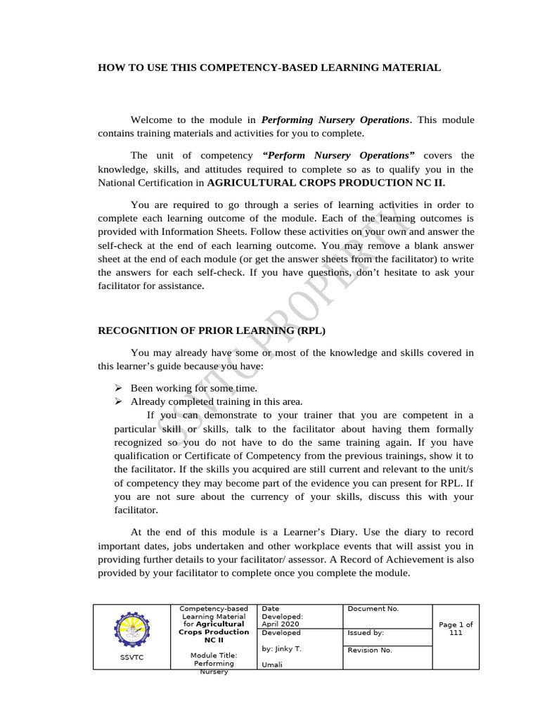 CBLM 1 PDF | PDF | Plant Nursery | Agricultural Machinery