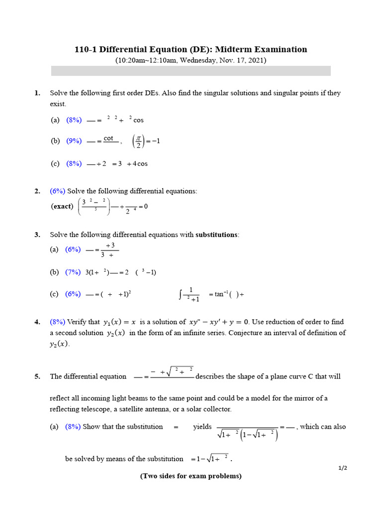 110-1 Differential Equation Midterm | PDF | Mathematical Analysis | Mathematical Concepts