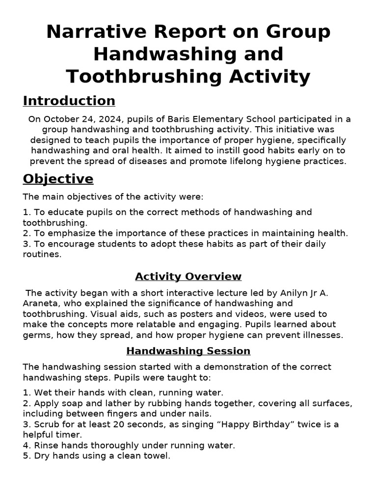 Narrative Report On Group Handwashing and Toothbrushing Activity | PDF ...