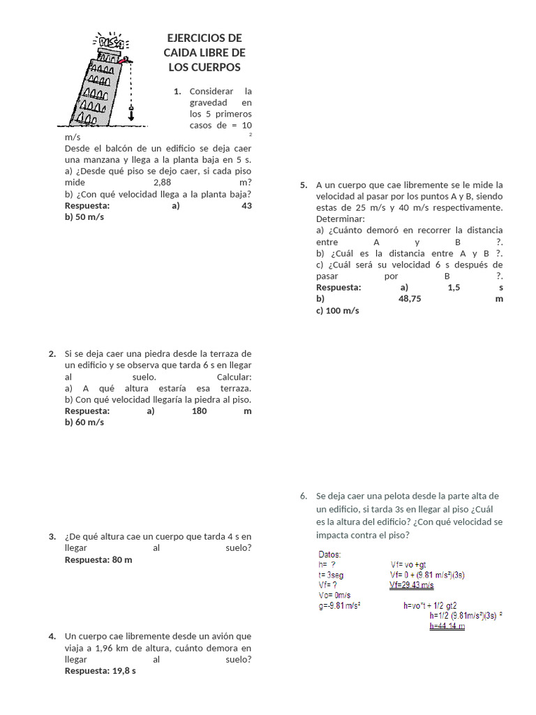 Ejercicos de Caida Lobre de Los Cuerpos | PDF | Movimiento (física ...