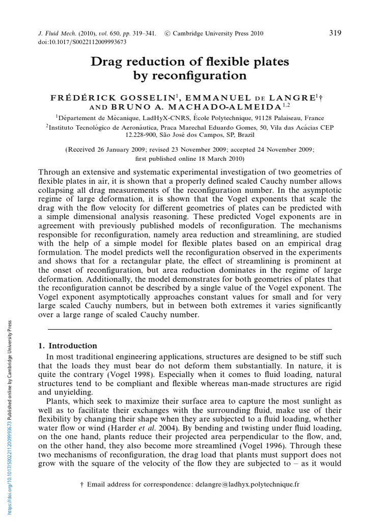 Drag Reduction of Flexible Plates by Reconfiguration | PDF | Drag ...