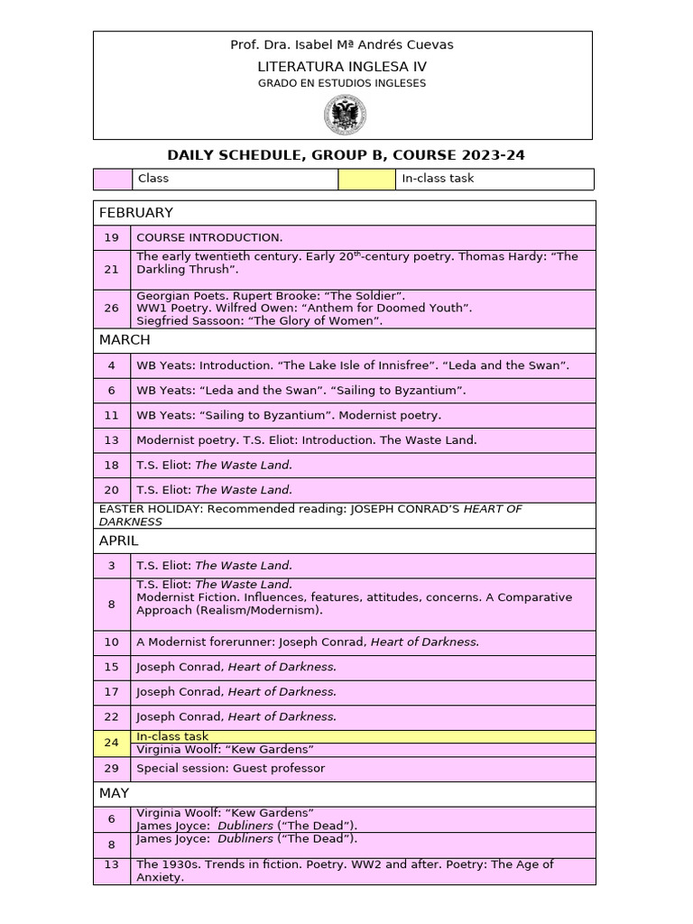 English Literature IV Schedule 2023-24 | PDF | T. S. Eliot | Modernism