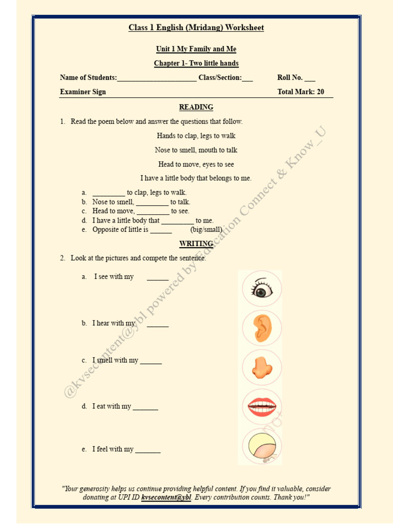 Class 1 English: My Family Worksheet | PDF