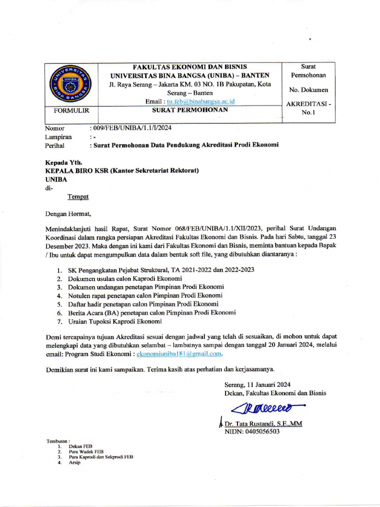 Surat Permohonan Data Akreditas Untuk KSR | PDF