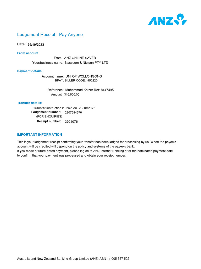 ANZ Receipt - Ref 2207584570 | PDF | Finance & Money Management
