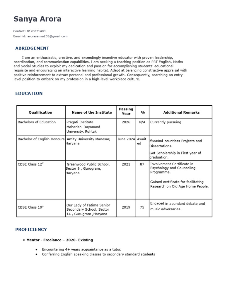 Sanya Arora Resume | PDF | Behavior Modification | Learning