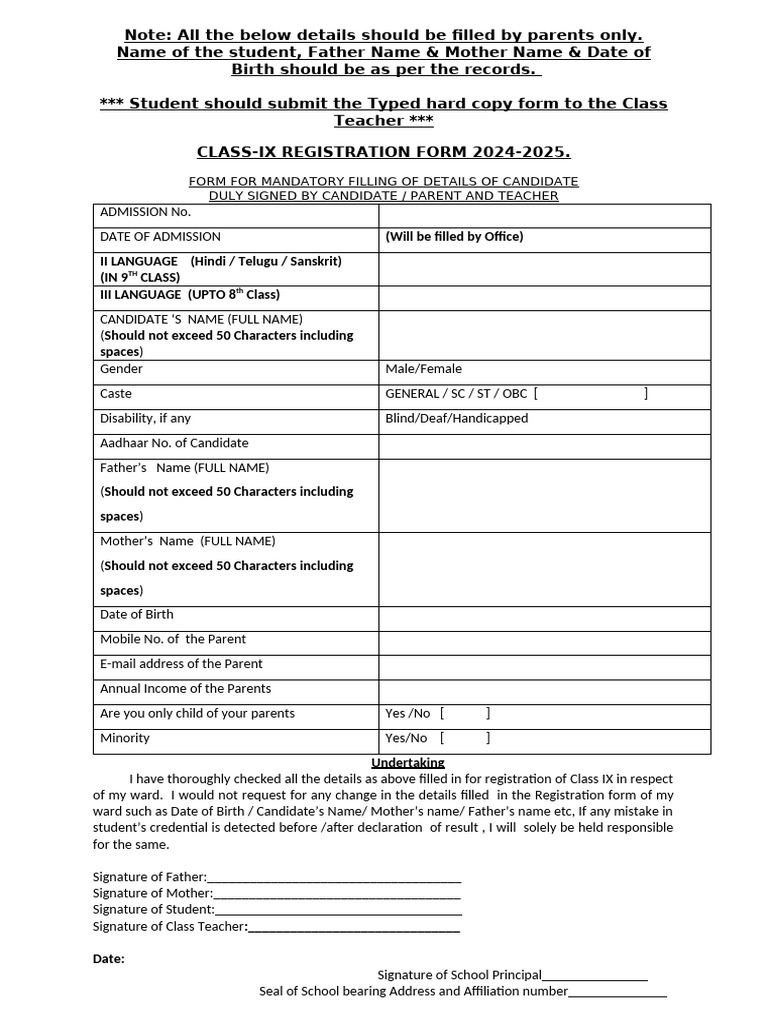 Class IX Registration Form 2024-25 | PDF