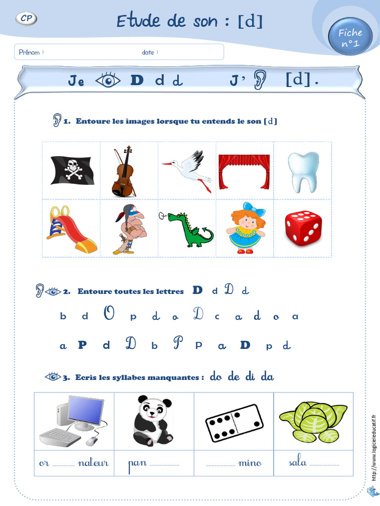 Exercice sur le son [d] et [v] CP | PDF